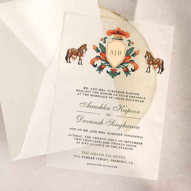 Vintage Crest Royal Horse Indian Hindu Wedding Vellum Invitations | Zazzle