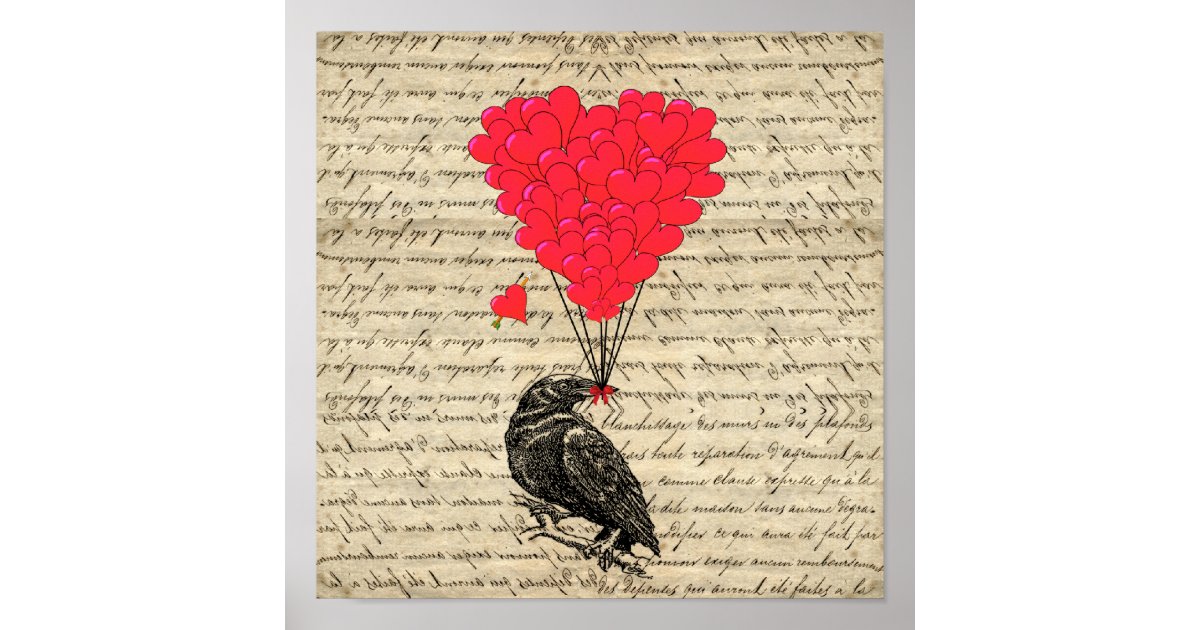 Vintage Crow and heart shaped balloons Poster | Zazzle