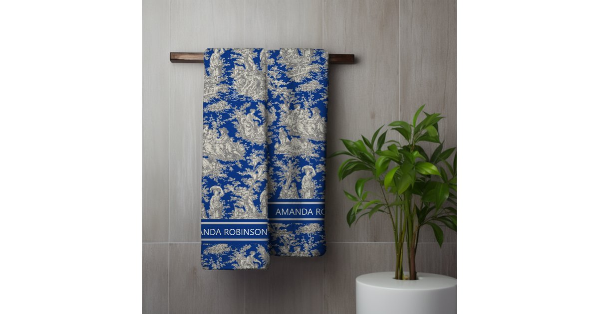 Vintage dark blue toile de jouy printed bath towel set | Zazzle