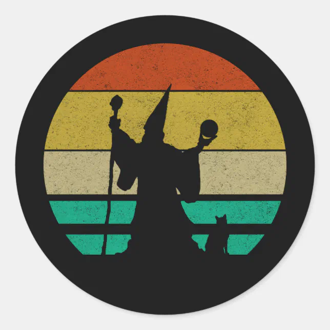 Vintage Distressed Retro 70s Wizard and Cat Classic Round Sticker | Zazzle