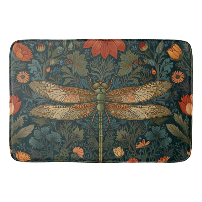 Vintage dragonfly orange floral greenery boho chic bath mat | Zazzle