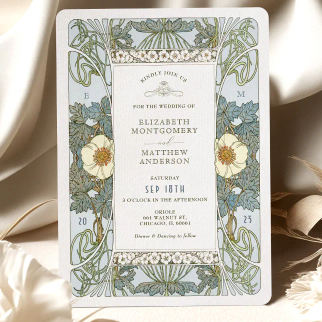 Vintage Dusty Blue Art Nouveau Victorian Wedding Invitation | Zazzle