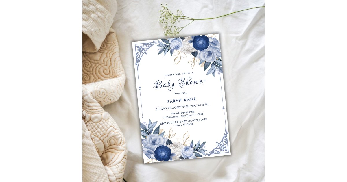 Vintage Elegant Blue Flower Frame Baby Shower Invitation | Zazzle
