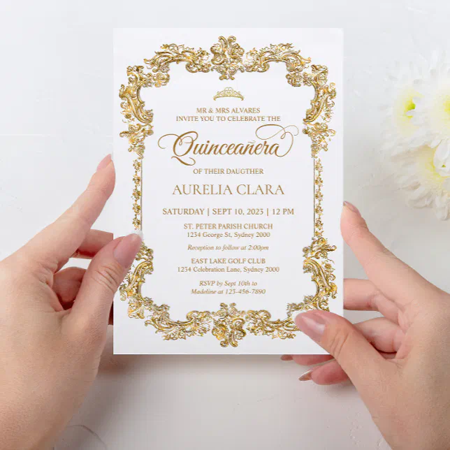 Vintage Elegant Ivory White Gold Tiara Quinceanera Invitation | Zazzle