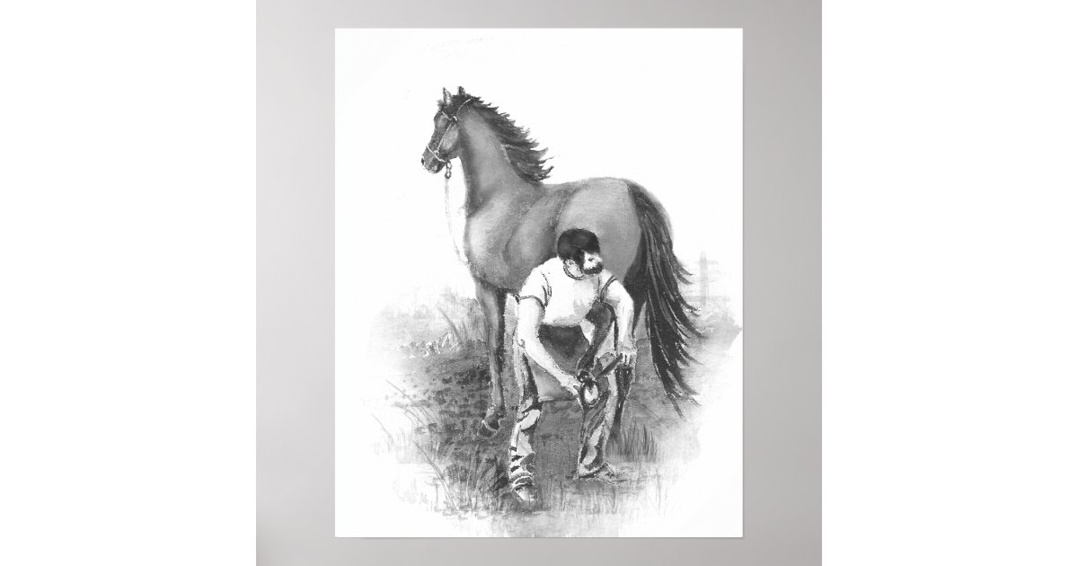 Vintage Farrier Horse Shoeing Black White Art Poster | Zazzle