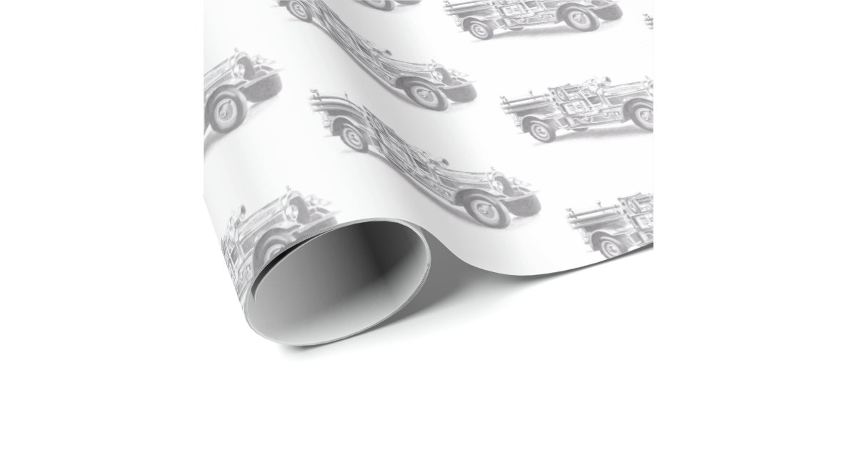vintage firetruck pencil sketch fireman drawing wrapping paper | Zazzle