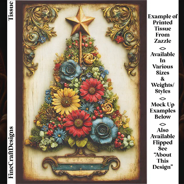 Vintage Floral Christmas Tree Panel EL2L Decoupage Tissue Paper | Zazzle