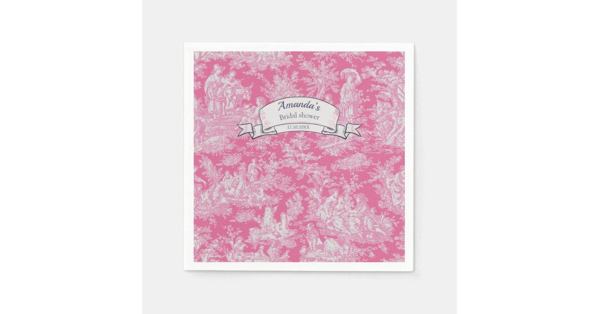Vintage floral hot pink toile de jouy shower napkin | Zazzle