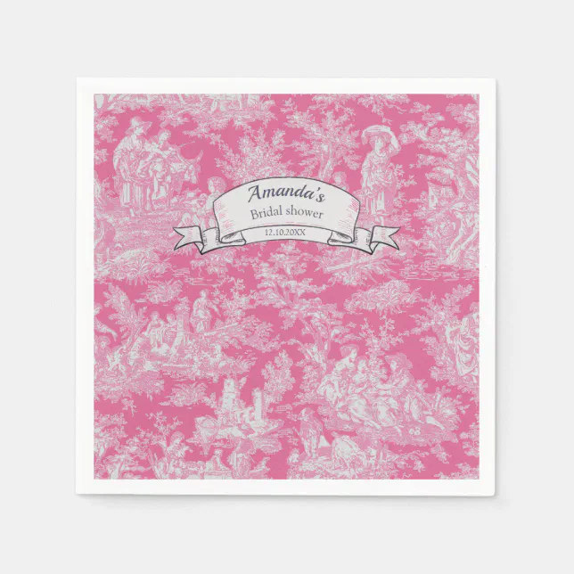 Vintage floral hot pink toile de jouy shower napkin | Zazzle