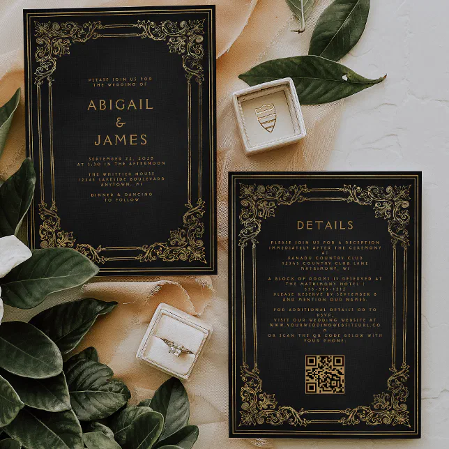 Vintage Frame Black Gold QR Code Wedding Invitation | Zazzle