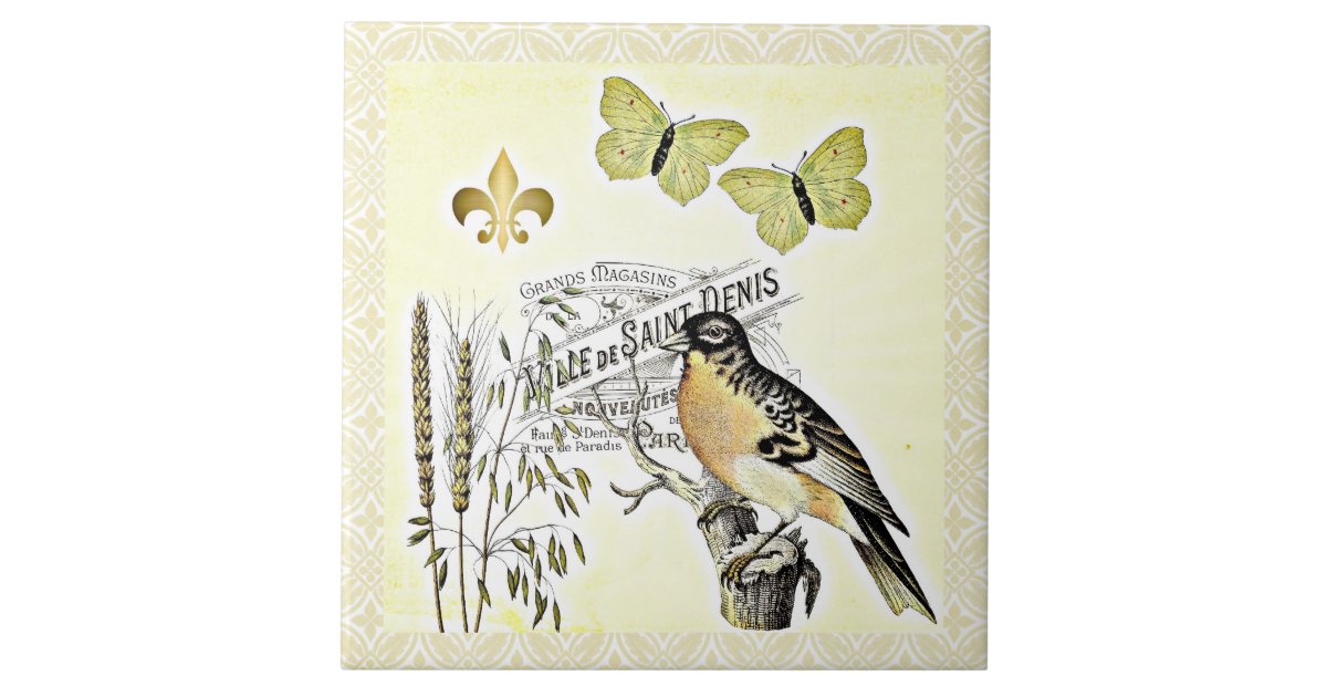Vintage French Collage Bird Butterfly Fleur Tile | Zazzle