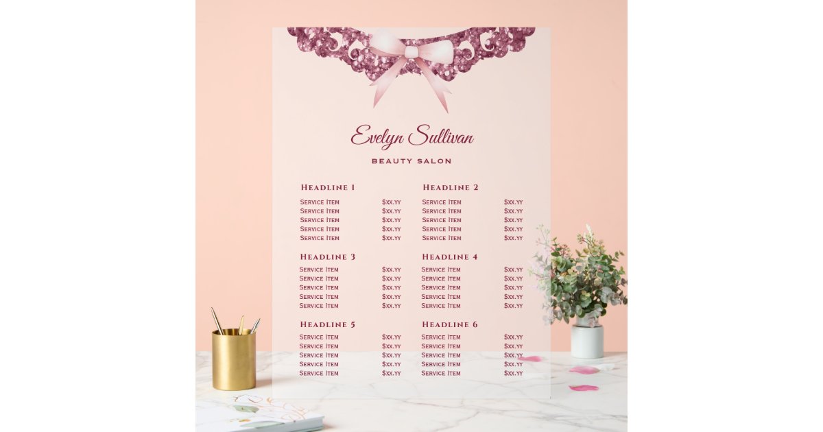 Vintage Glitter Frame Pink Bow Price List Acrylic Sign | Zazzle