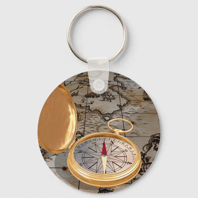 Vintage Gold Compass on Antique Pirate Map Key Ring | Zazzle