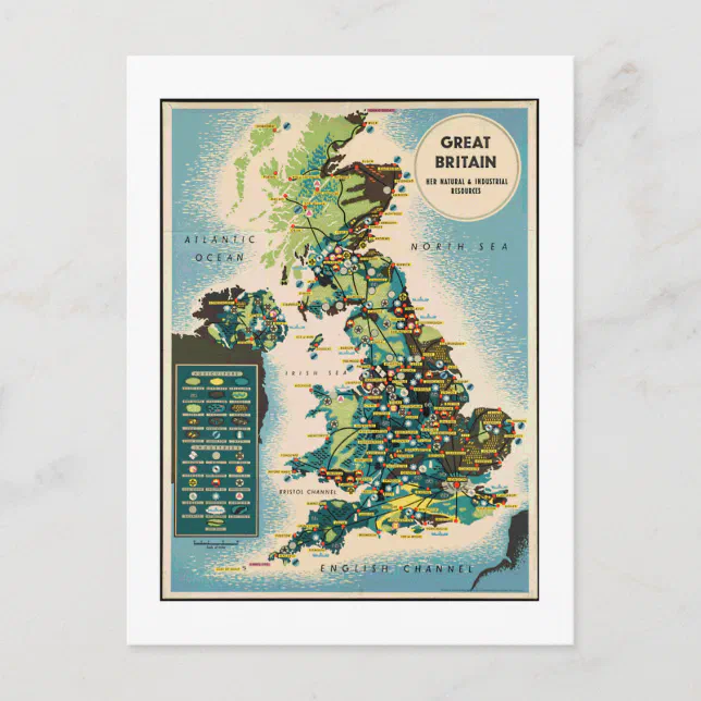 Vintage Great Britain Resources Map Postcard | Zazzle