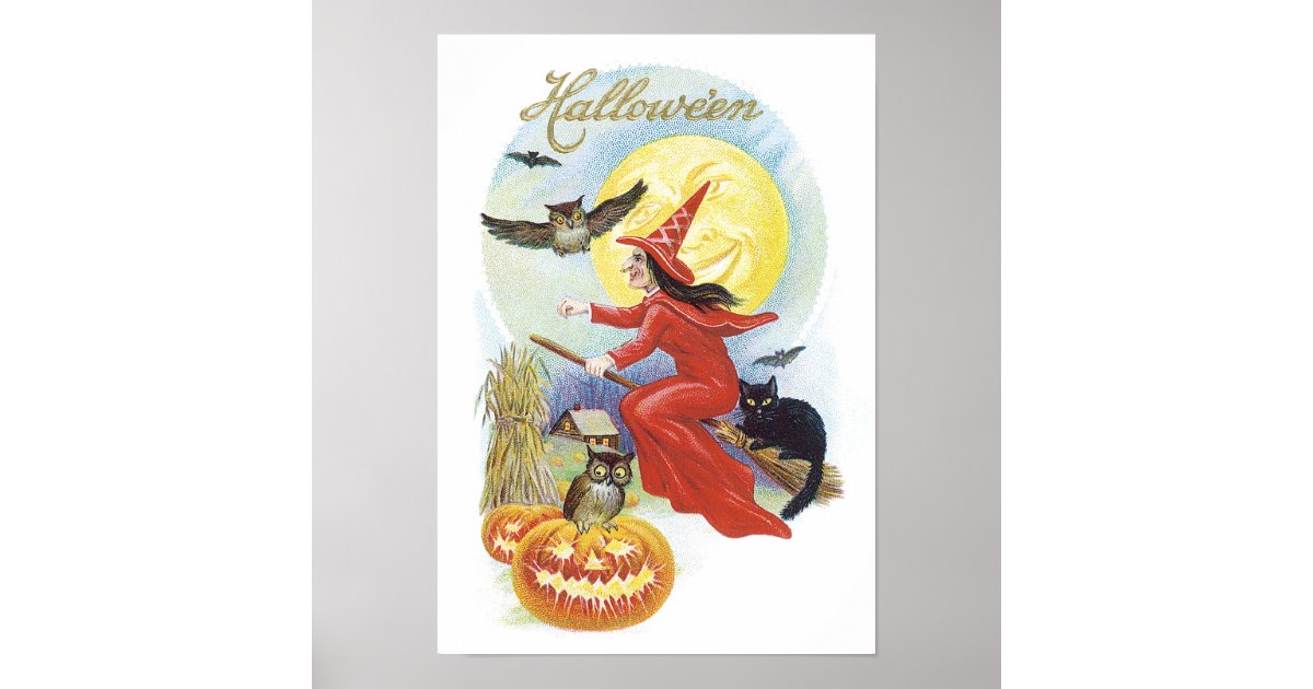 Vintage Halloween, Flying Witch with a Black Cat Poster | Zazzle