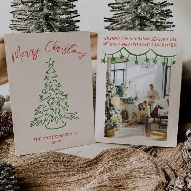 Vintage Hand Drawn Unique Tree Photo Christmas Holiday Card | Zazzle