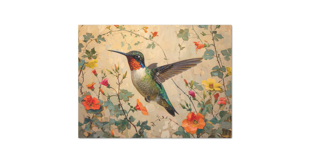 Vintage Hummingbird with Wildflowers Decoupage Tissue Paper | Zazzle