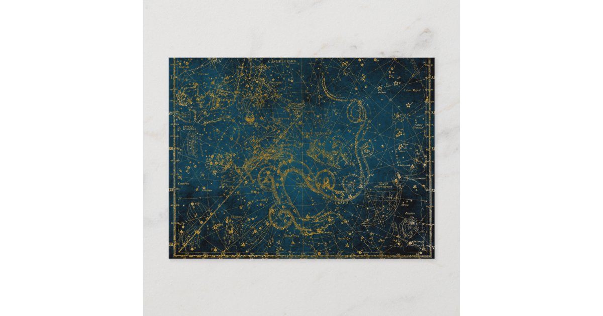 Vintage Illustrated Dark Blue & Gold Star Map Postcard | Zazzle