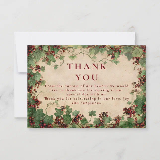 Vintage Ivy and Berries Wedding Thank You Card | Zazzle