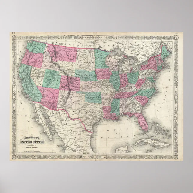 Vintage Johnson's Map of the United States (1866) Poster | Zazzle
