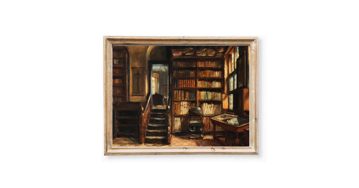Vintage Library Oil Painting, Moody Interior Scene Poster | Zazzle