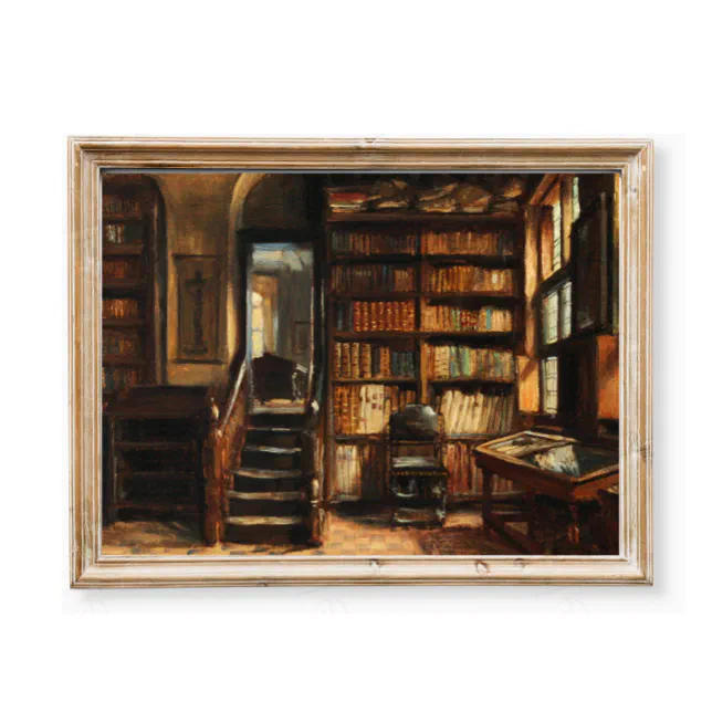 Vintage Library Oil Painting, Moody Interior Scene Poster | Zazzle