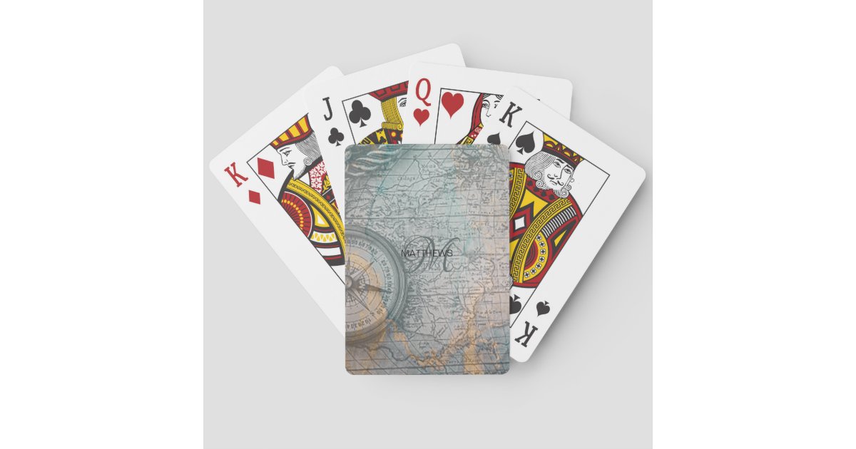 Vintage Map Compass Monogram Playing Cards | Zazzle