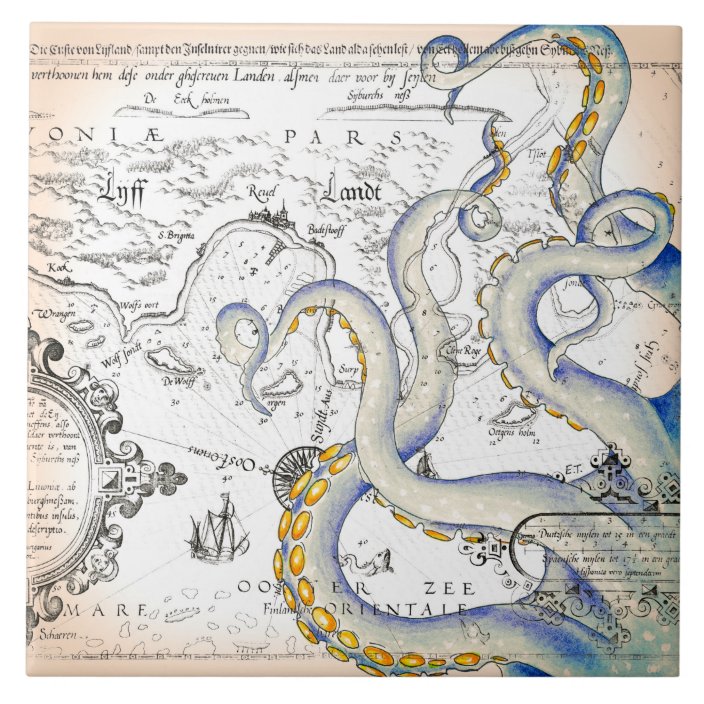 Vintage Map Grunge Tentacles Tile | Zazzle.co.uk