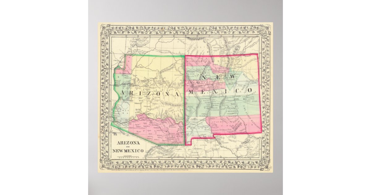 Vintage Map of Arizona and New Mexico (1867) Poster | Zazzle