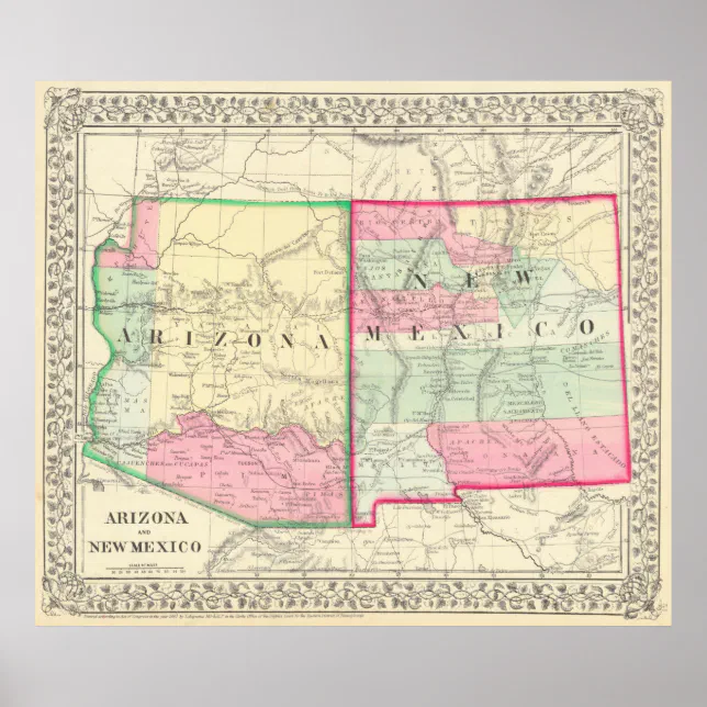 Vintage Map of Arizona and New Mexico (1867) Poster | Zazzle