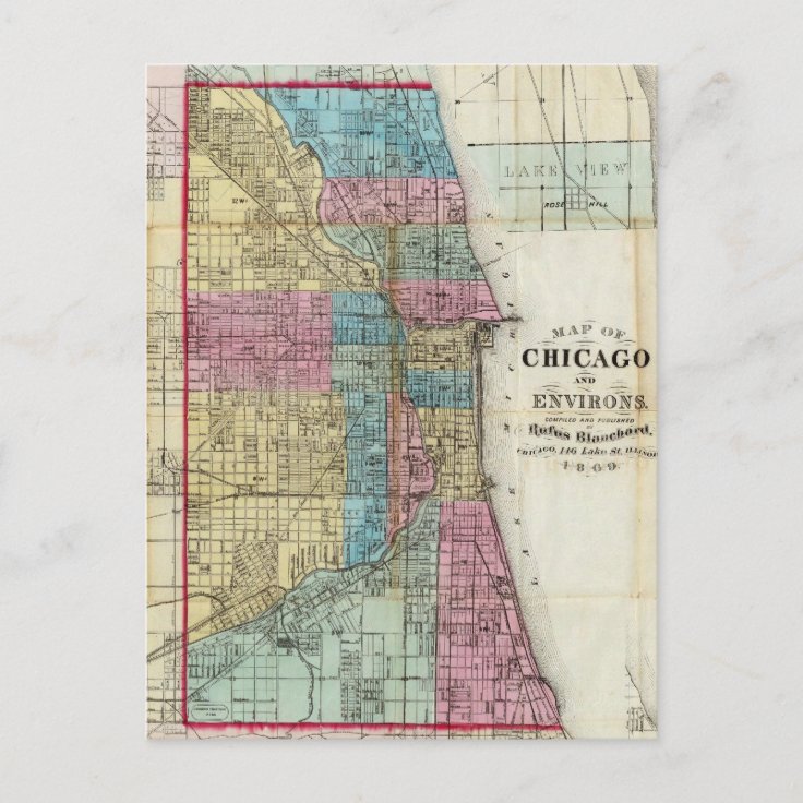 Vintage Map of Chicago (1869) Postcard | Zazzle
