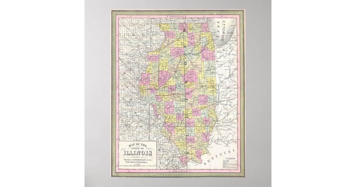 Vintage Map of Illinois (1850) Poster | Zazzle