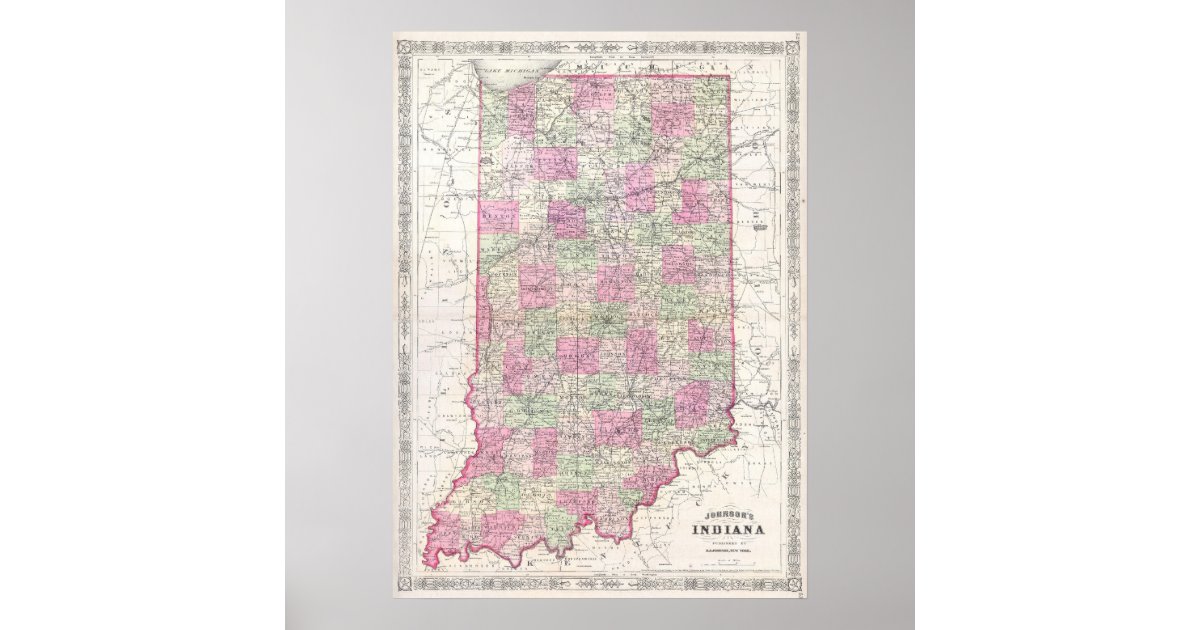 Vintage Map of Indiana (1864) Poster | Zazzle