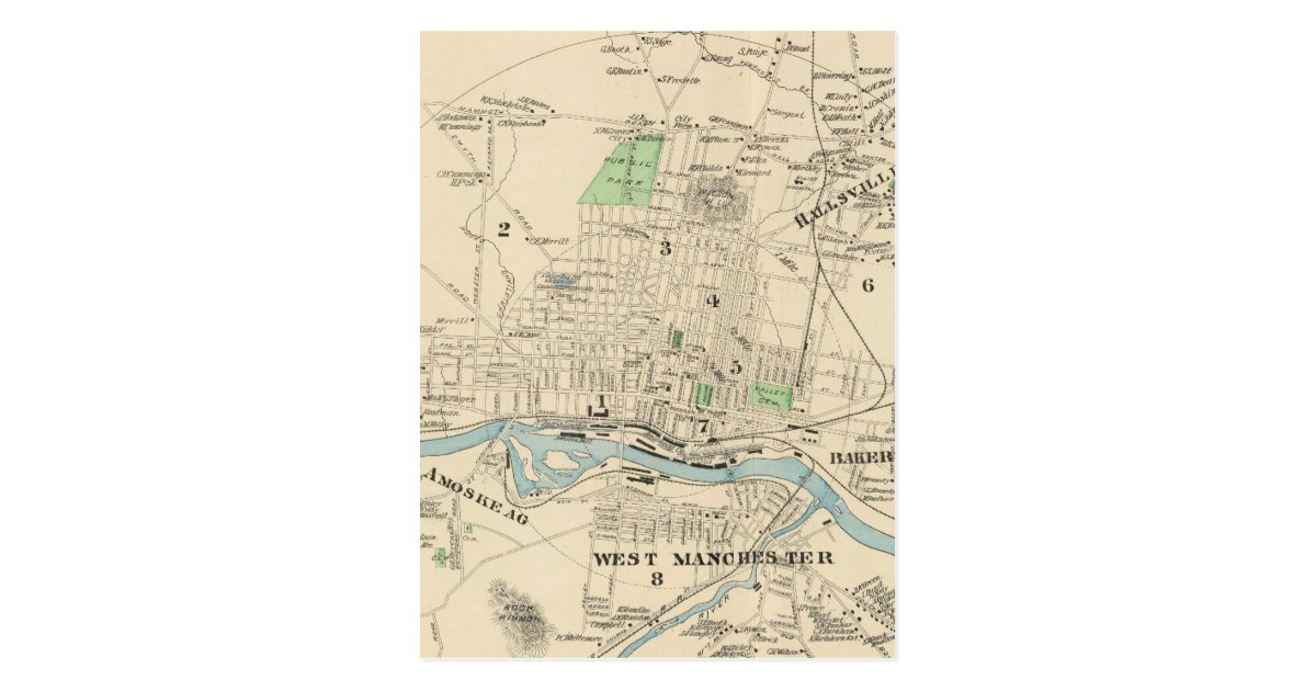 Vintage Map of Manchester NH (1892) Postcard | Zazzle.co.uk