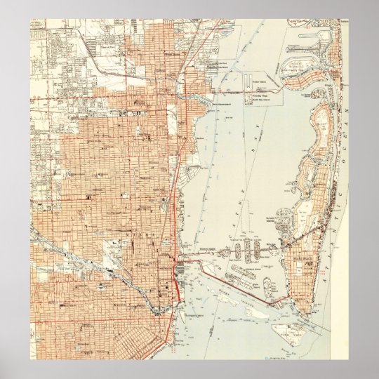 Vintage Map of Miami Florida (1950) Poster | Zazzle.co.uk