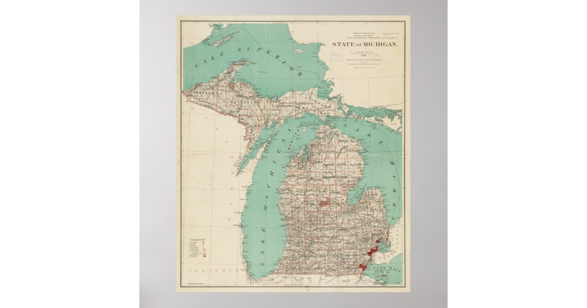 Vintage Map of Michigan (1888) Poster | Zazzle