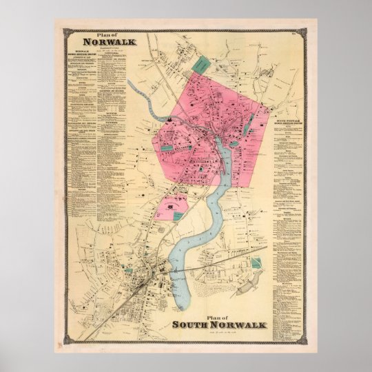 Vintage Map of Norwalk CT (1867) Poster | Zazzle.co.uk