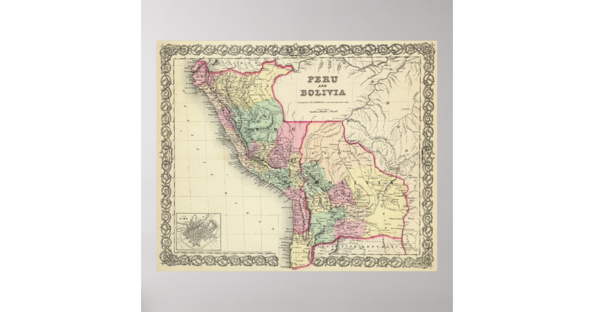 Vintage Map of Peru and Bolivia (1856) Poster | Zazzle