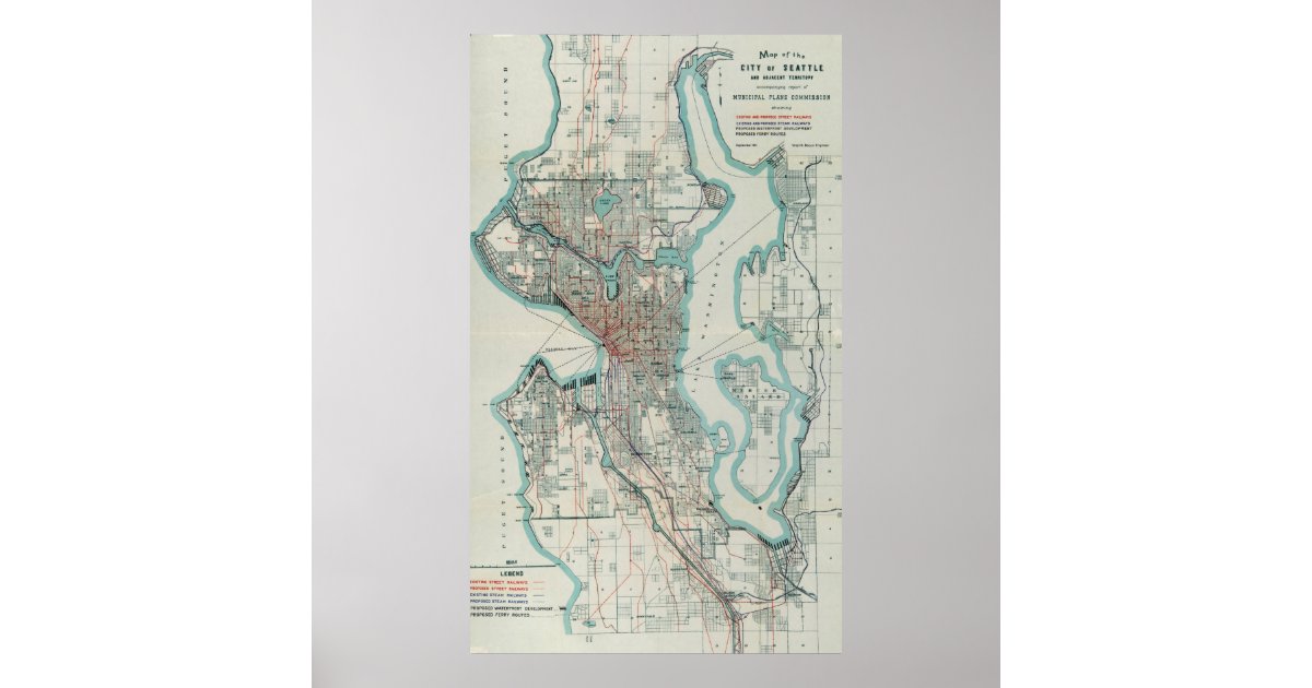 Vintage Map of Seattle Washington (1911) Poster | Zazzle