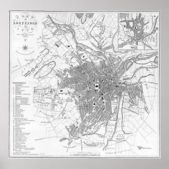 Vintage Map of Sheffield England (1823) Poster | Zazzle.co.uk