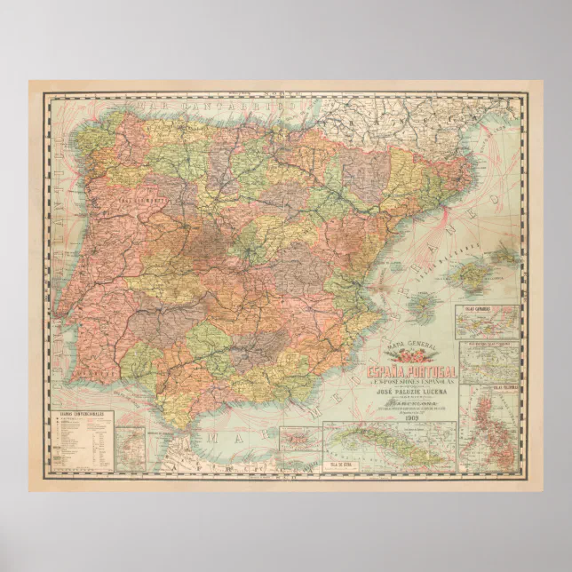 Vintage Map of Spain & Spanish Territories (1909) Poster | Zazzle