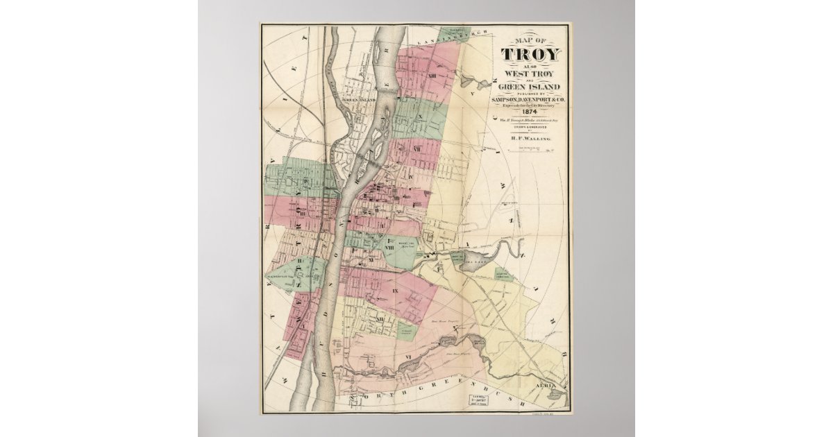 Vintage Map of Troy NY (1874) Poster | Zazzle