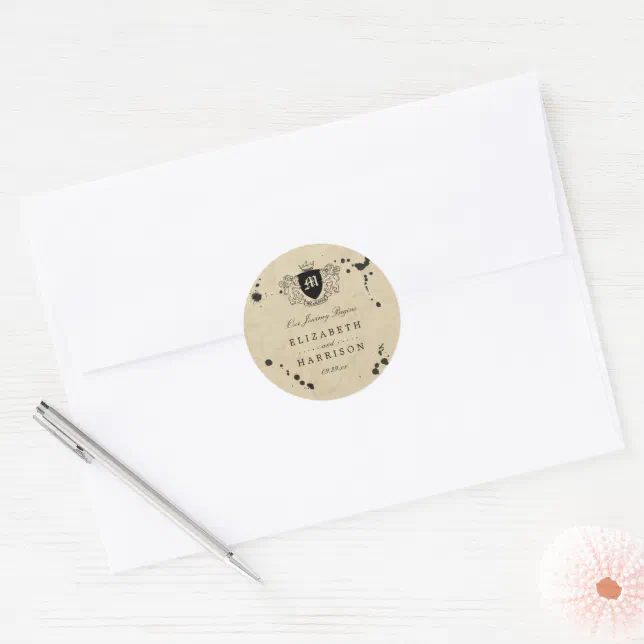 Vintage Monogram & Ink Stain Wedding Favor Classic Round Sticker | Zazzle