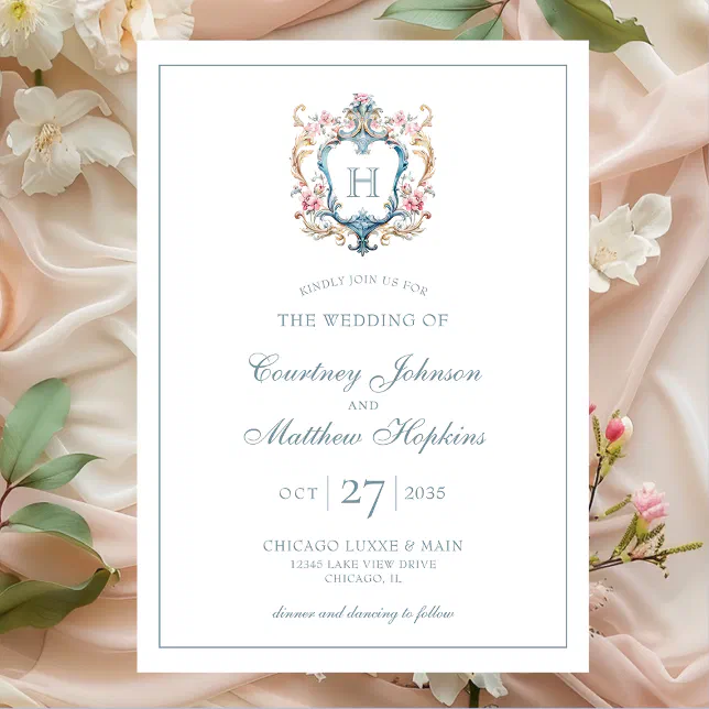Vintage Monogrammed Floral Crest Wedding Invitation | Zazzle