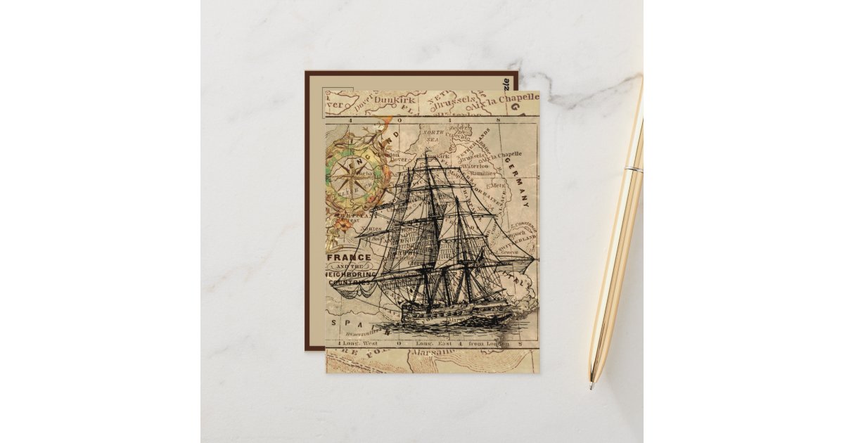 Vintage Nautical Sailing Ship Navigation Map Postcard | Zazzle
