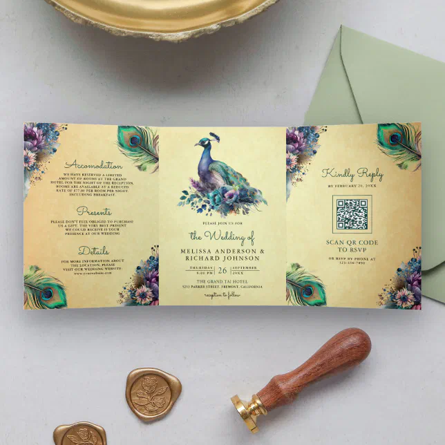 Vintage Peacock Floral Feather QR Code Wedding Tri-Fold Invitation | Zazzle