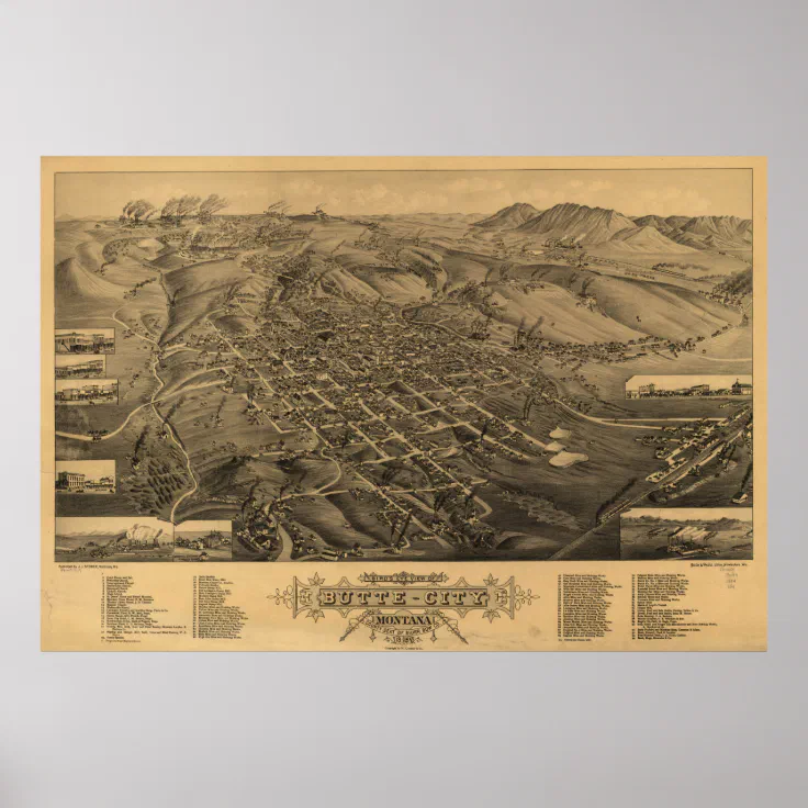 Vintage Pictorial Map of Butte Montana (1884) Poster | Zazzle