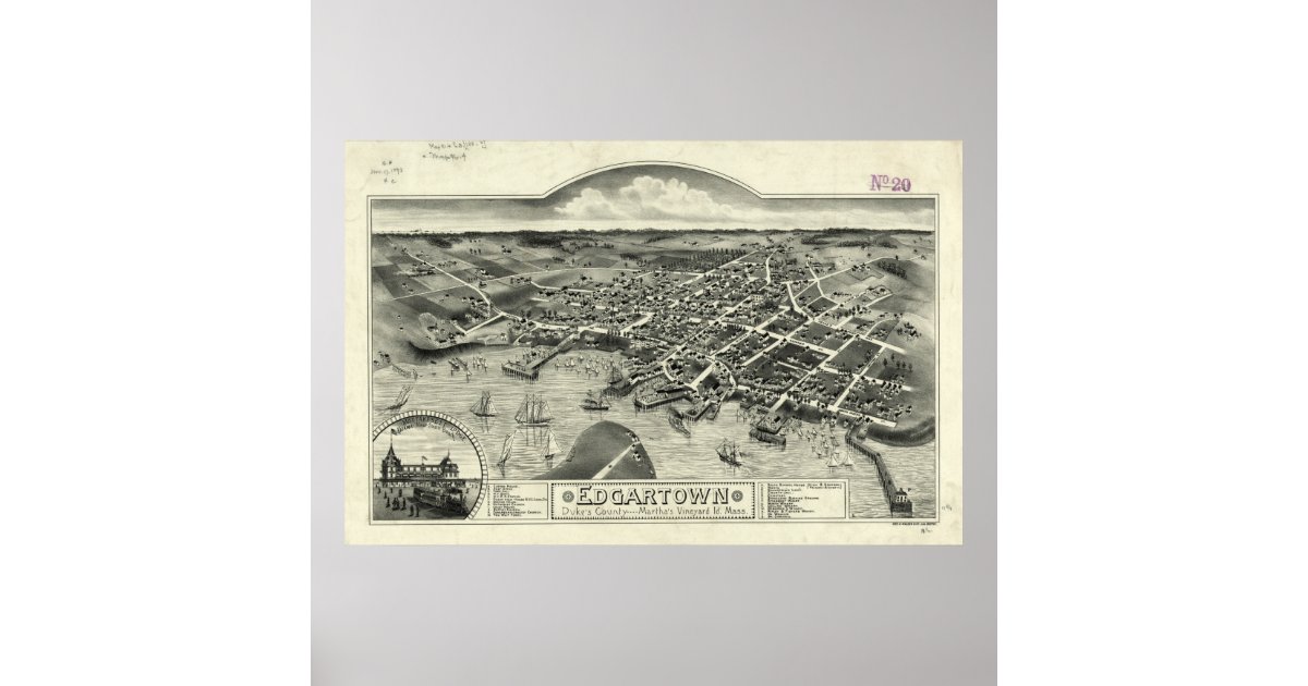 Vintage Pictorial Map of Edgartown MA (1886) Poster | Zazzle