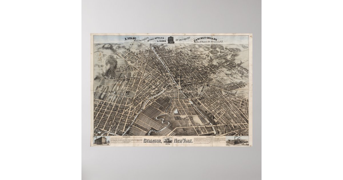 Vintage Pictorial Map of Syracuse New York (1874) Poster | Zazzle