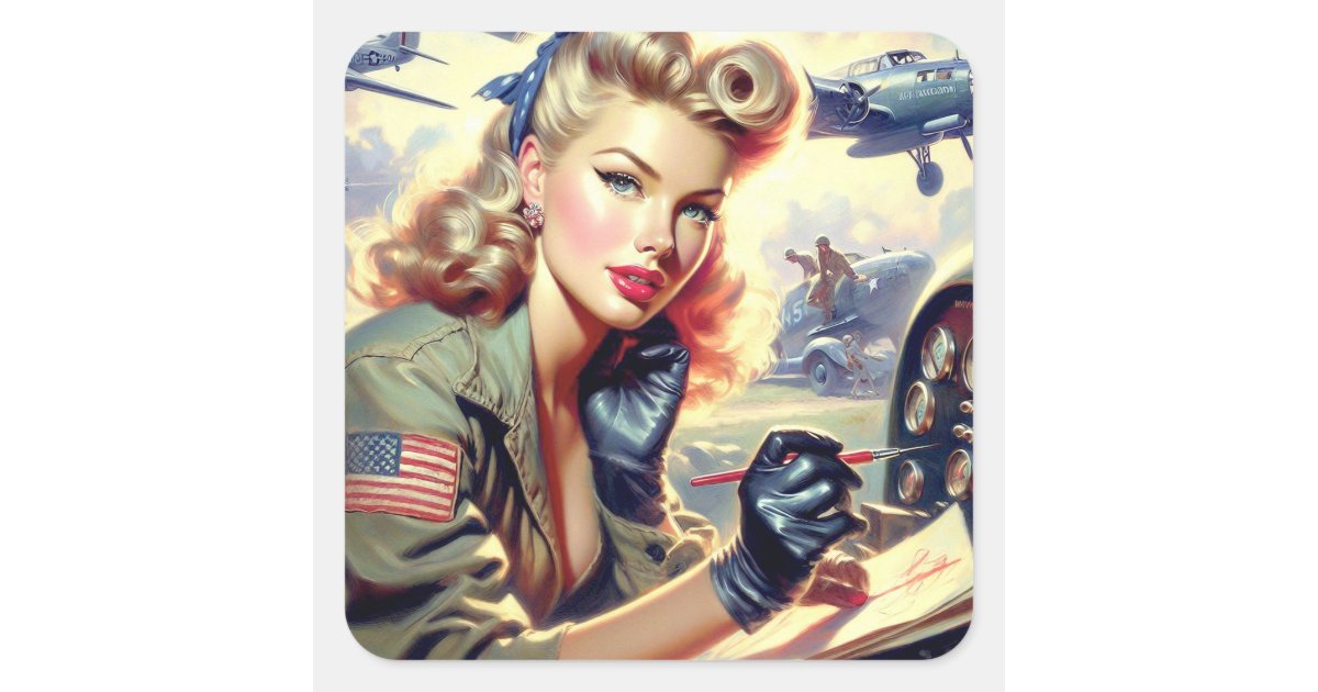 Vintage Pilot Pin Up Square Sticker | Zazzle